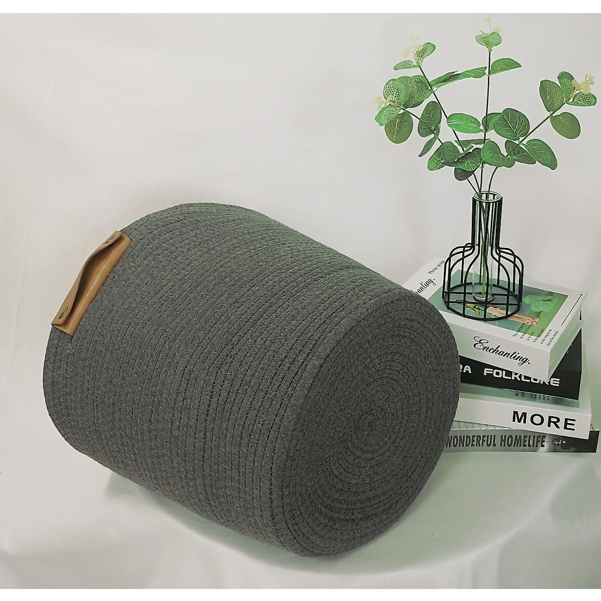 KUNRO Cotton Rope Baskets Woven Storage Organizer Round Open Dish for Jewelry Keys Toys Nursery Candy Gift Kids Room(Grey)