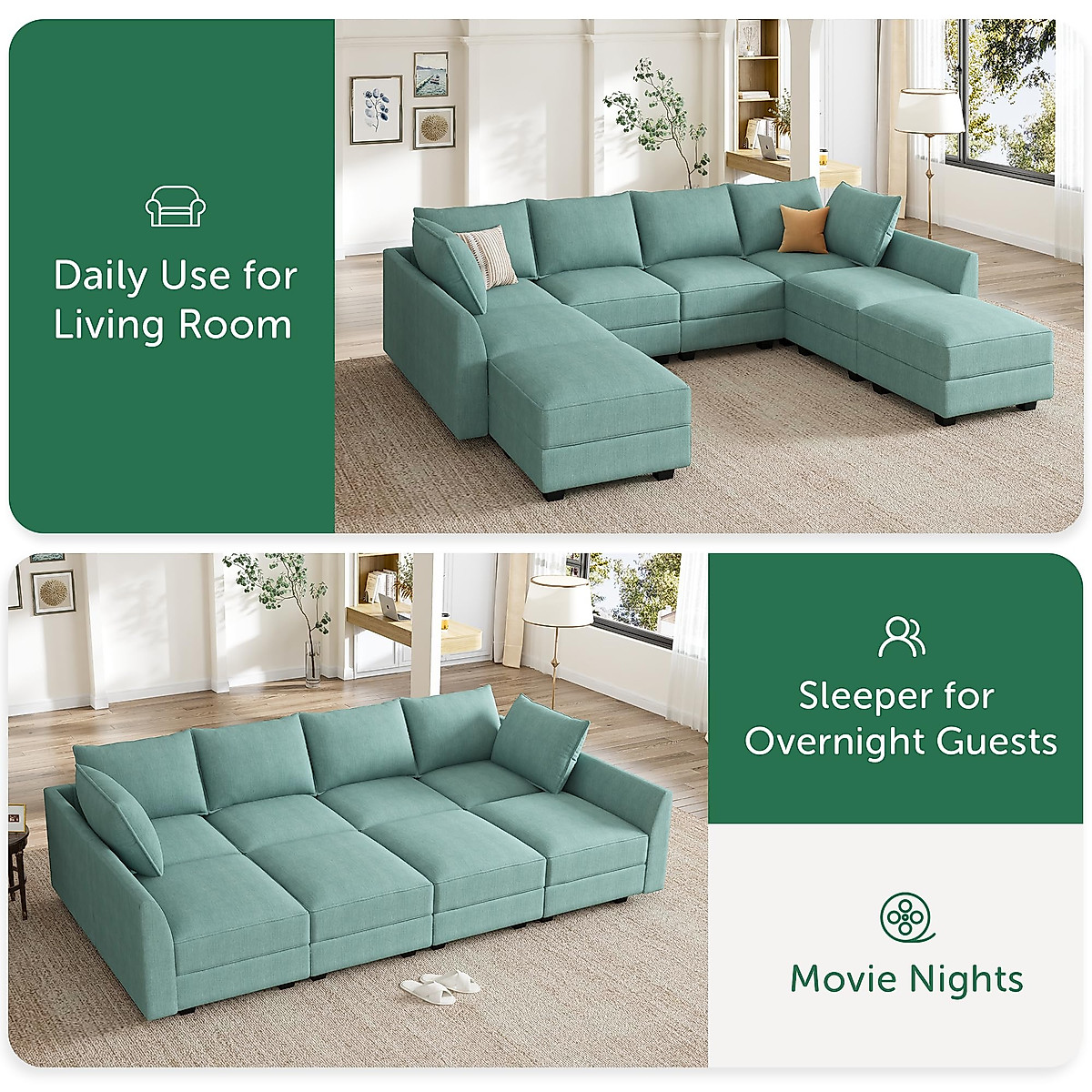 HONBAY Modular Sectional Couch with Storage Modern Modular Couch U Shaped Sectional Sofa for Living Room, Aqua Blue