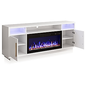 BELLEZE 70" Fireplace TV Stand for TVs Up to 80", LED Light Entertainment Center with 36" Electric Fireplace Heater, Storage Cabinet, Media Console Table for Living Room - Avenue (White)