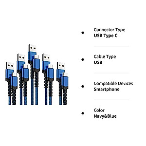 USB Type C Cable 5Pack (3/3/6/6/10FT) Nylon Braided USB C Cable Fast Charger Charging Cord Compatible Samsung Galaxy S9 S8 Note 9 Note 8 Plus,LG V30 G6 G5 V20,Google Pixel, Moto Z2 (Navy&Blue)