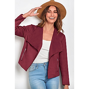 PRETTYGARDEN Women Cropped Jackets 2024 Fall Long Sleeve Faux Suede Leather Coats with Pockets (Wine Red,Large)