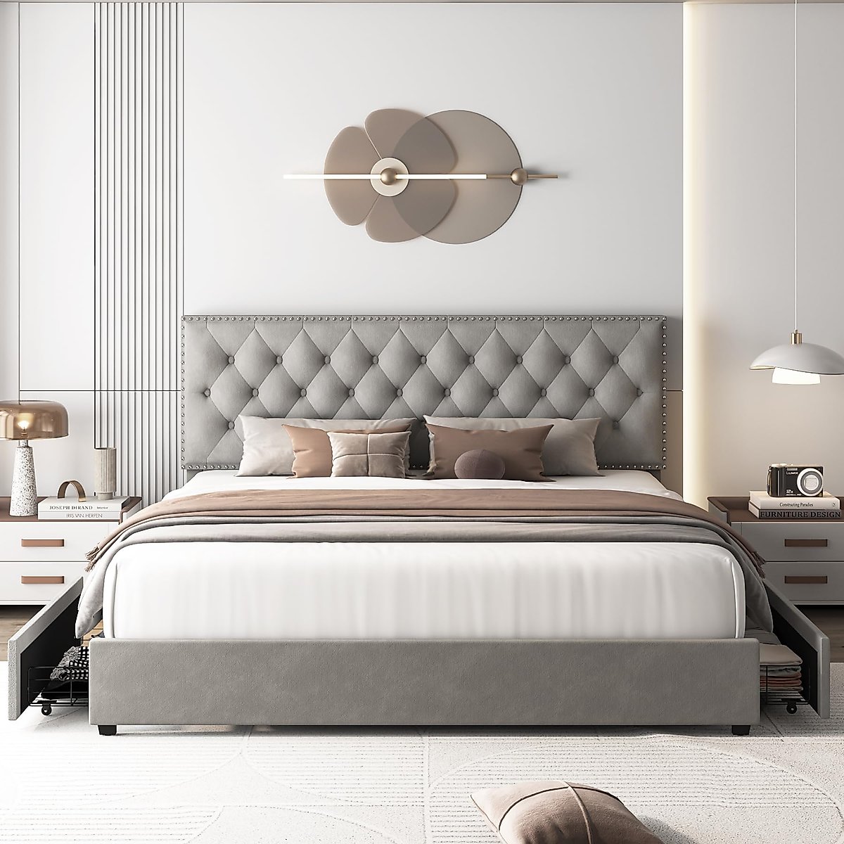 HOSTACK Queen Size Bed Frame with 4 Storage Drawers, Modern Upholstered Platform Bed with Adjustable Headboard,Button Tufted Bed Frame with Wood Slat Support,No Box Spring Needed(Grey, Queen)
