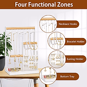 MetWoods Jewelry Holder Organizer with Earring Tray and 10 Hooks, 4 Tier Necklace Holder Display for Earrings Watches Bracelet Rings (White)