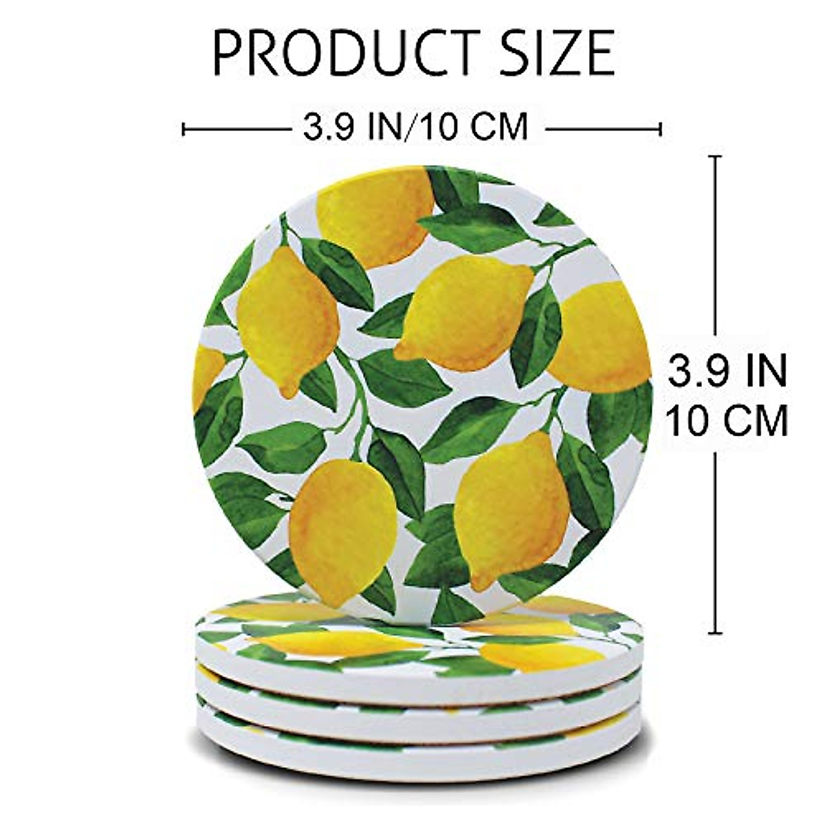 Drink Coasters Set of 6 with Holder, Lemon Absorbent Ceramic Coasters for Wooden Table, Rustic Coasters Cork Base New Home Decor House Warming Gift