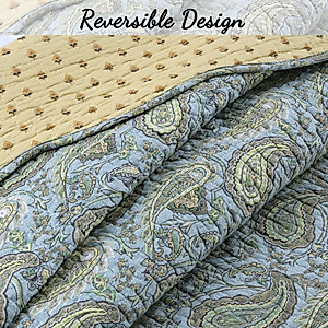 Cozy Line Home Fashions Classic Heritage Country Cottage 100% Cotton Reversible Quilt Bedding Set, Coverlet, Bedspread (Green Paisley, Queen - 3 Piece)