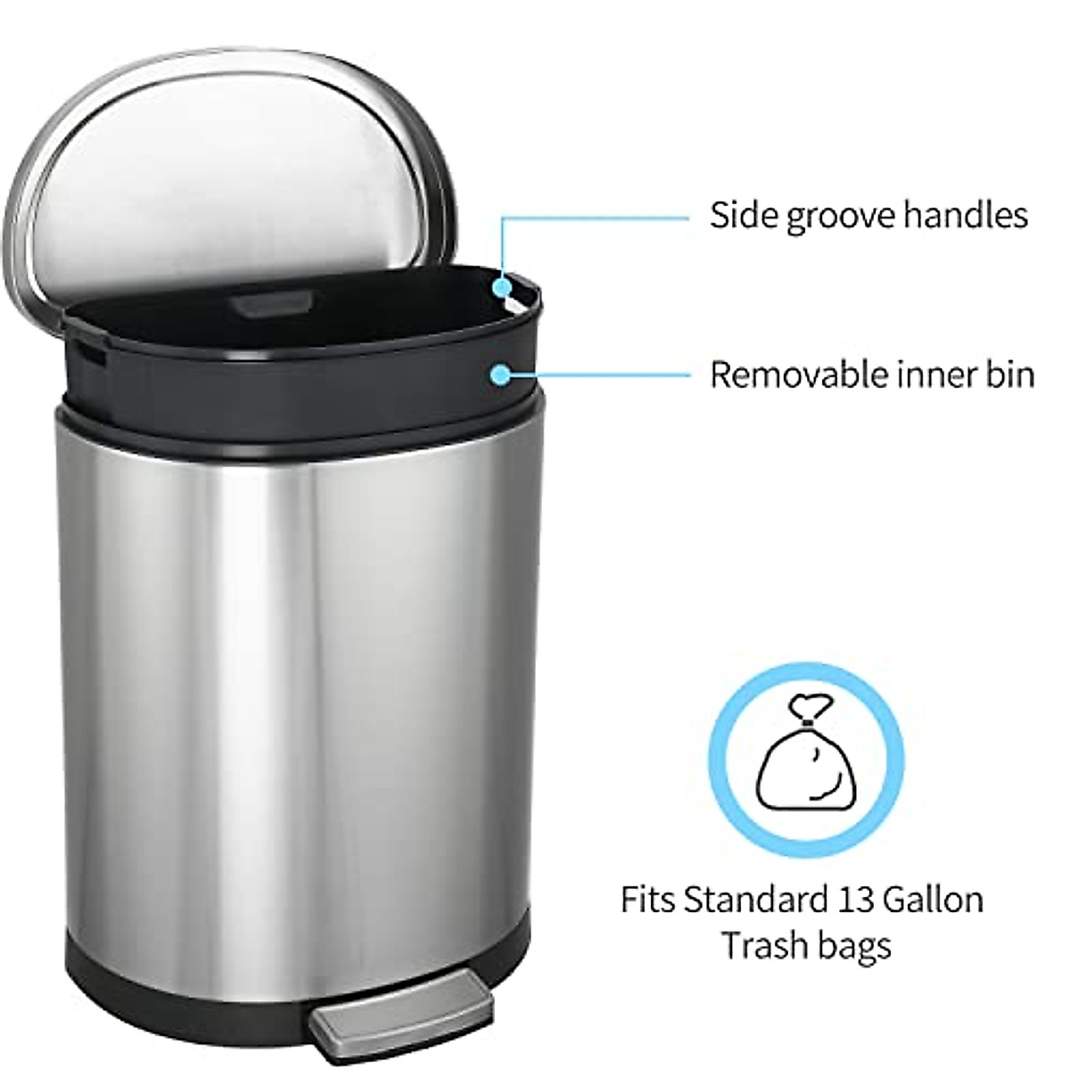 SIMPLYKLEEN Kleen-Fit 11.8-Gallon Semi-Round Hands-Free Kitchen Stainless Steel Trash Can with Lid. Great for Dorms, Kitchen, Bathroom, or Office.