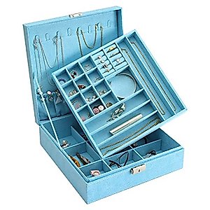 DerBlue Jewelry Case Jewelry Box for Women Two-Layer Lint Jewelry Organizer with Lock -36 Compartments and Removable Partition for Earrings Bracelets Rings Watches Case