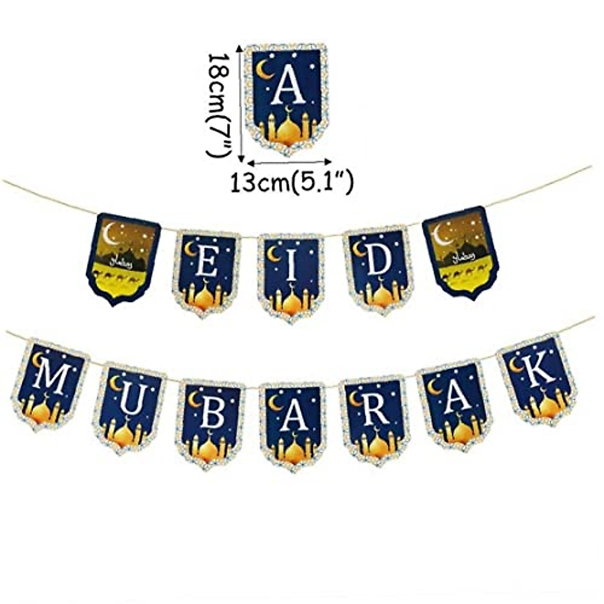 Froiny Eid Mubarak Bunting Banner Blue Muslim Islamic Decorations with Star and Moon Garlands for Ramadan Kareem Party Supplies