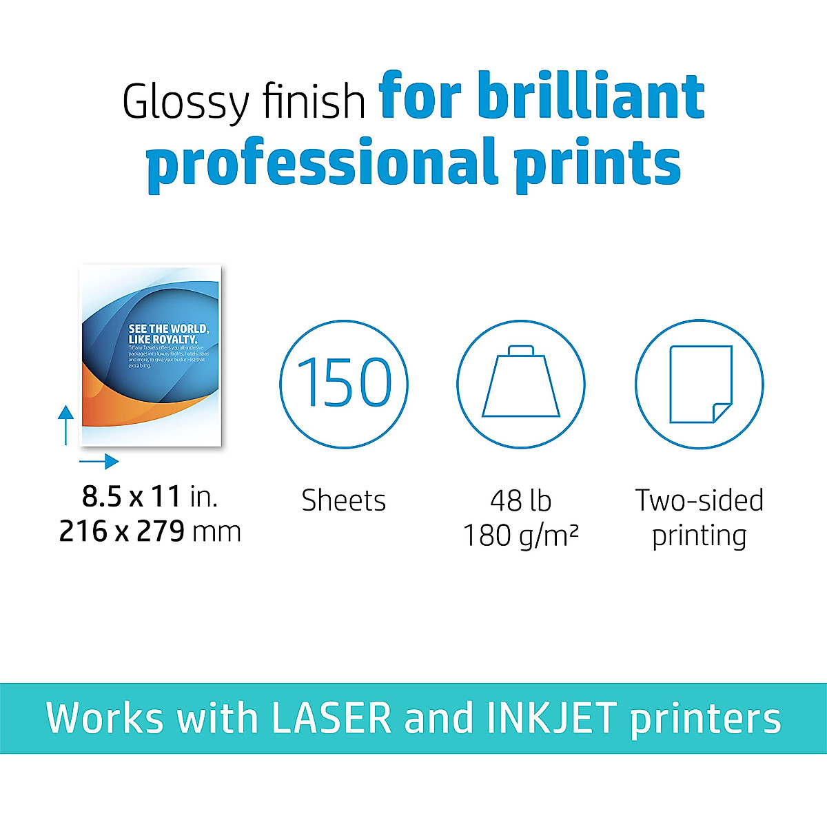 HP Professional Business Paper, Glossy, 8.5x11 in, 48 lb, 150 sheets, works with inkjet, PageWide, laser printers (Q1987A)