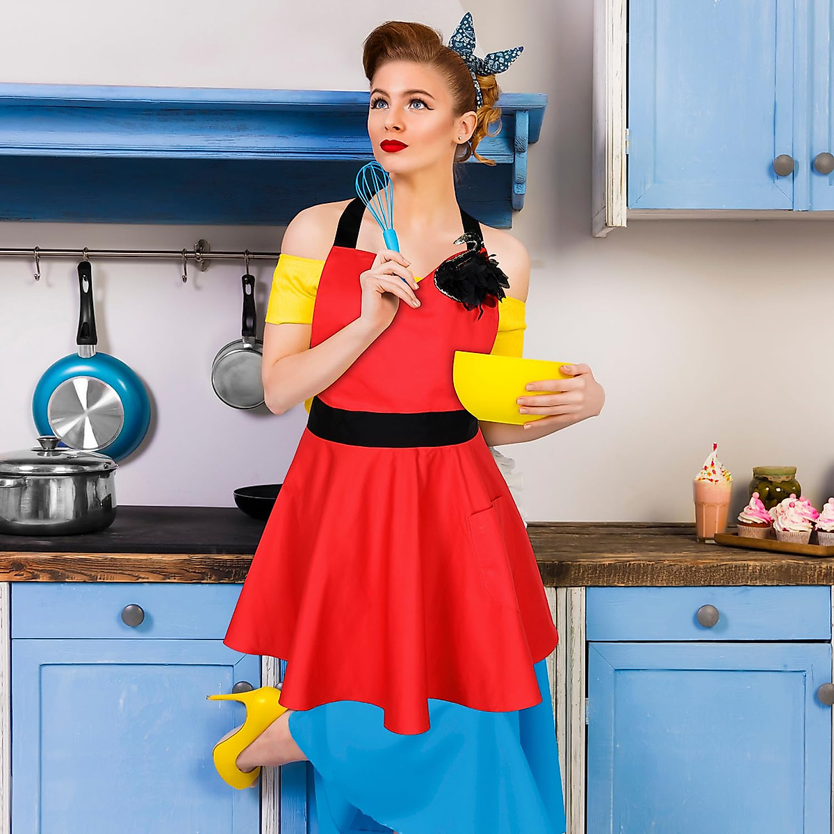 Violet Mist Lovely Sweetheart Retro Kitchen Aprons Women Girl Red Ladies Cute Apron Vintage Apron Christmas Apron 1950s French Maid Cotton Cooking Apron Adjustable Waist Mom Party Gift