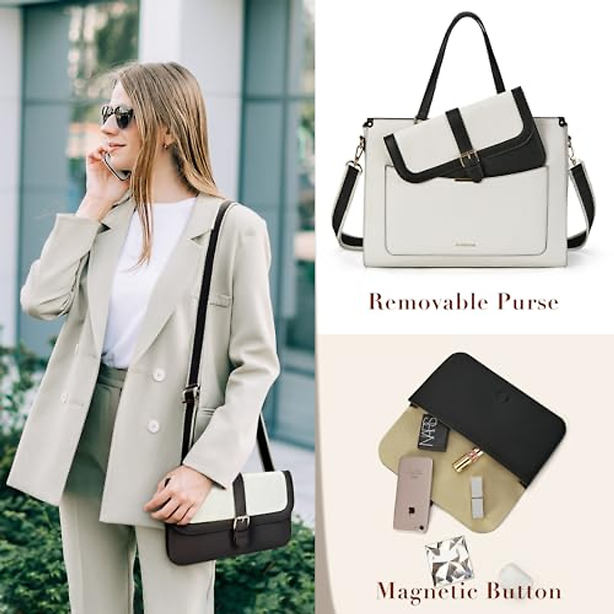 Missnine Laptop Bag with Removable Purse 15.6 inch Computer Bag Leather Briefcase for Women Work Bag Set Large Laptop Tote Bag for Office, Business