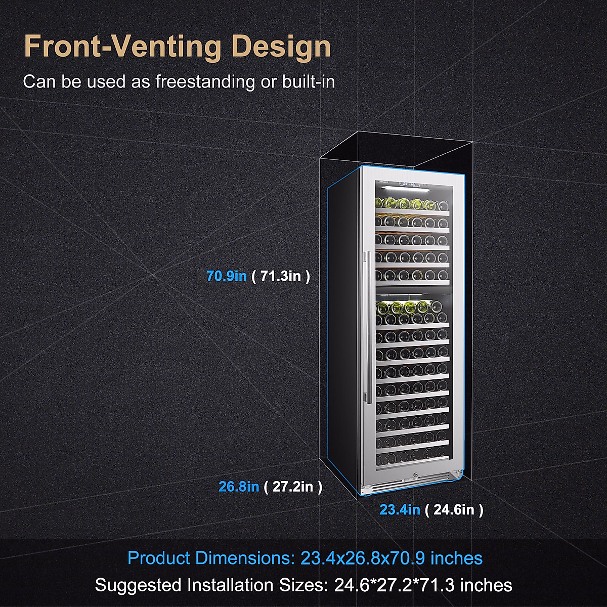 LANBOPRO Wine Cooler Refrigerator 153 Bottle Built-in Dual Zone Wine Cooler, Seamless Stainless Steel Trimmed Door, 24 Inch