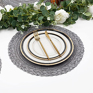 SHACOS Round Placemats Set of 6 Woven Round Table Mats 15 inch Braided Border Washable Cotton Polyester Circle Place Mats, Gray
