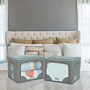 Tasmegol Stackable Steel Frame Clothes Storage Organizer Box Foldable Clear Window Closet Containers Oxford Cloth Clothing Bins for Sweater Bedding Blanket（Grey 2 Pack 40L）