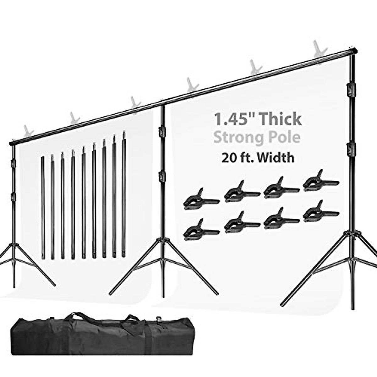 LimoStudio (Heavy Duty) 20 ft. Wide x 10.3 ft. Tall Backdrop Stands, High Stability with 1.45" Thick Pole, Adjustable Width & Length, Background Support System Kit with Super Spring Clamps, AGG2280