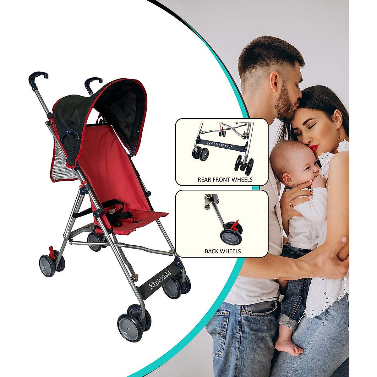 AmorosO Single Umbrella Stroller for Toddler, Travel Stroller for Babies - Sunlight and Light Rain Protection - Baby Stroller with Four EVA Wheels - Travel-Ready Stroller - Round Canopy (Red/Black)