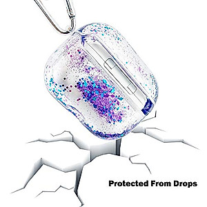 uCOLOR Purple Blue Glitter Waterfall Case for AirPods Pro 2019 360 Full Protective Shockproof Portable Cover with Key Chain for Earphone AirPods Pro Charging Case