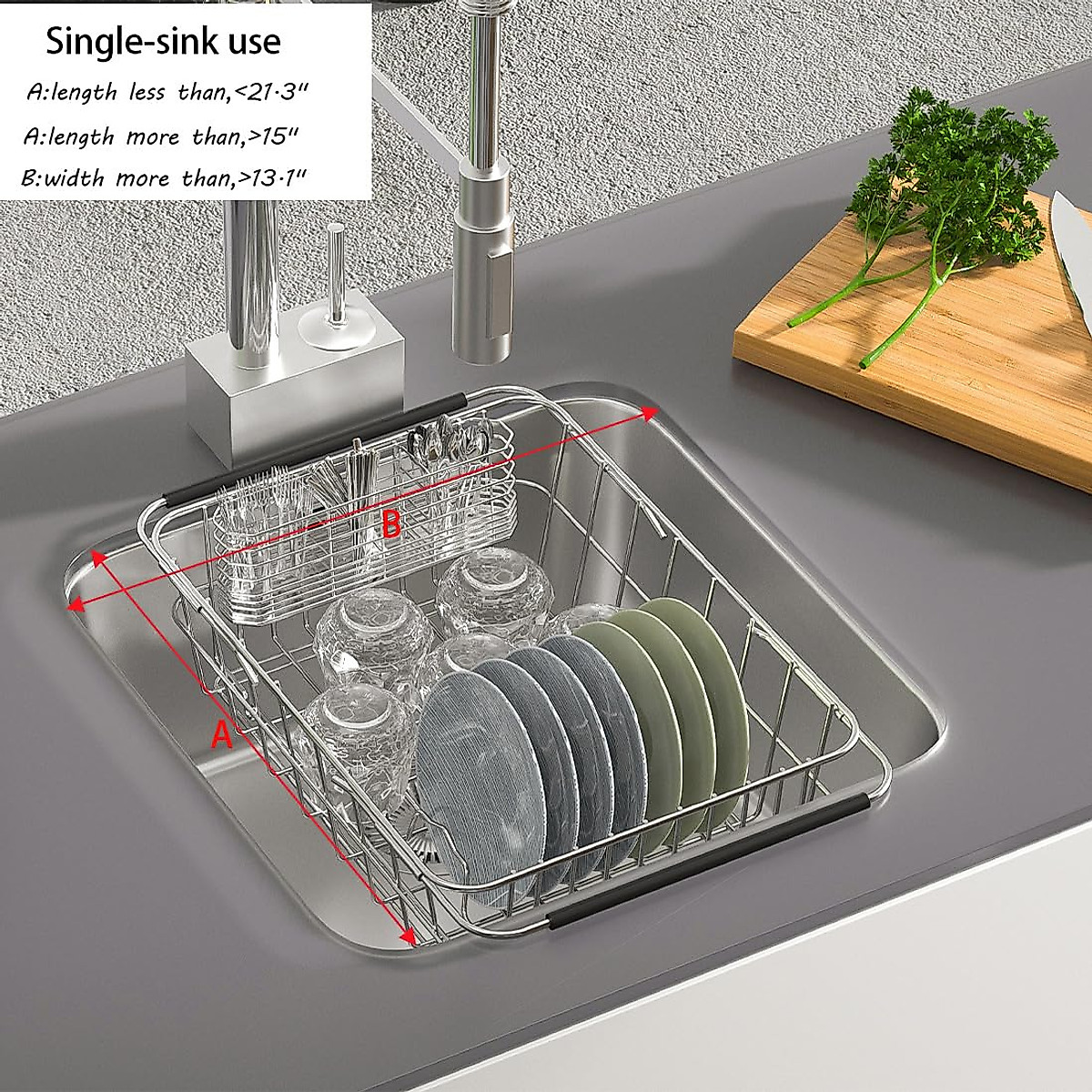 ESBOLM Dish Drainers for Inside Sink - Adjustable Over Sink Stainless Steel Dish Rack,Expandable 15.1" to 21.28" Dish Drying Rack,with Utensil Holder-X-Large(for 3-6 People)