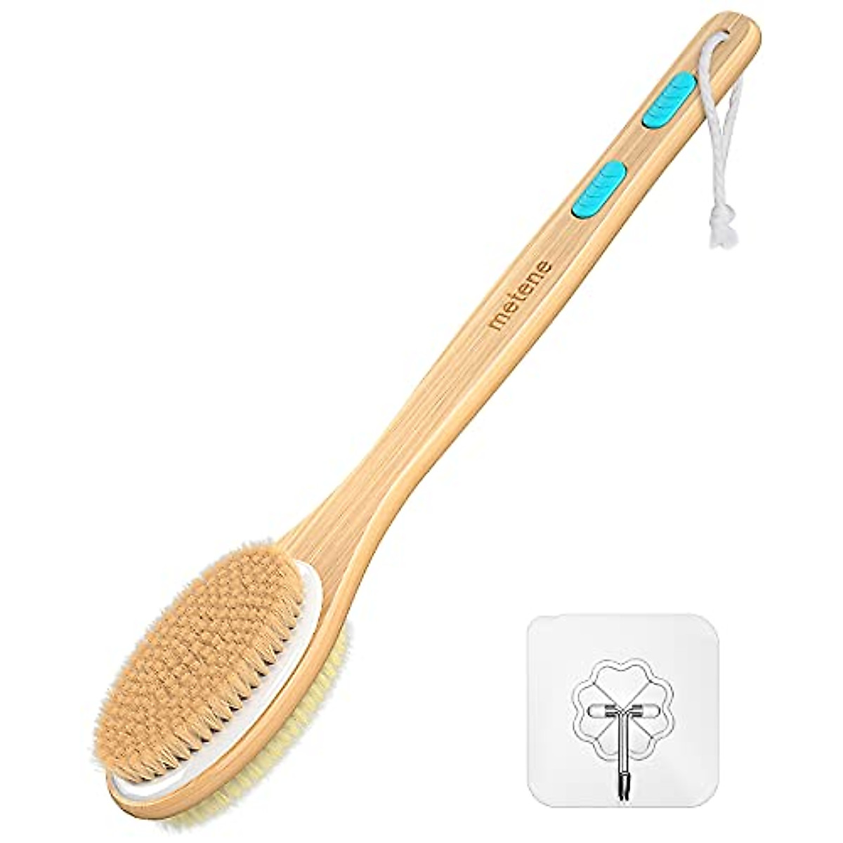 Metene Shower Brush with Soft and Stiff Bristles, Bath Dual-Sided Long Handle Back Scrubber Body Exfoliator for Wet or Dry Brushing