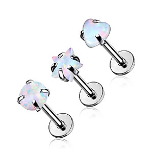 Melighting 3PCS Labret Piercing 16G Surgical Steel Lip Rings Opal with Star Heart Helix Earring Studs Internally Threaded Labret Stud Tragus Piercing Jewelry