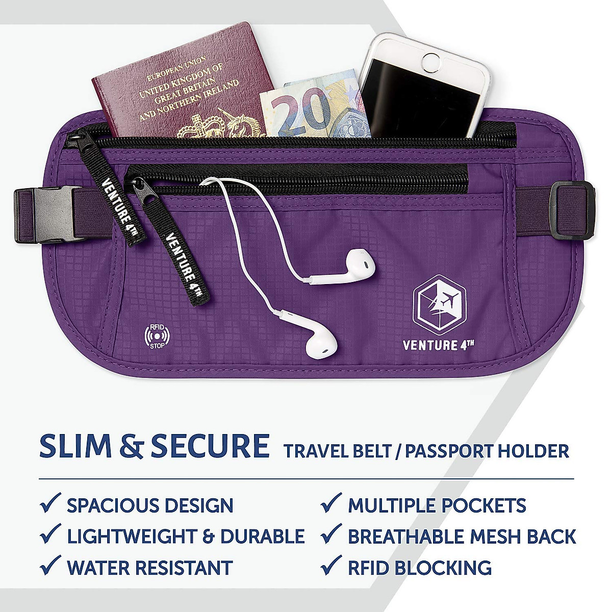 VENTURE 4TH RFID Money Belt for Girls - Hidden Passport Holder (Purple)