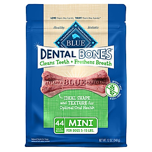 Blue Buffalo Dental Bones Mini Natural Dental Chew Dog Treats, (5-15 lbs) 12-oz Bag
