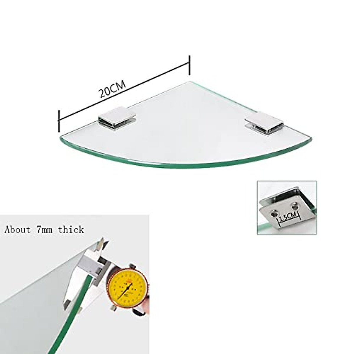 Bathroom Shelves Glass Corner Shelf 2Pcs, glrovazas Quarter Round Glass Shower Shelf Tempered Glass Shampoo Basket Holder with Screws, Bathroom Storage Rack Wall Mounted (7.8 x 7.8inch (20cm))