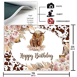 Avezano Highland Cow Birthday Backdrop Brown Highland Cattle Cows Birthday Party Decorations Floral Farm Cow Print Photography Background for Boys and Girls Cake Table Banners Props (7x5ft)