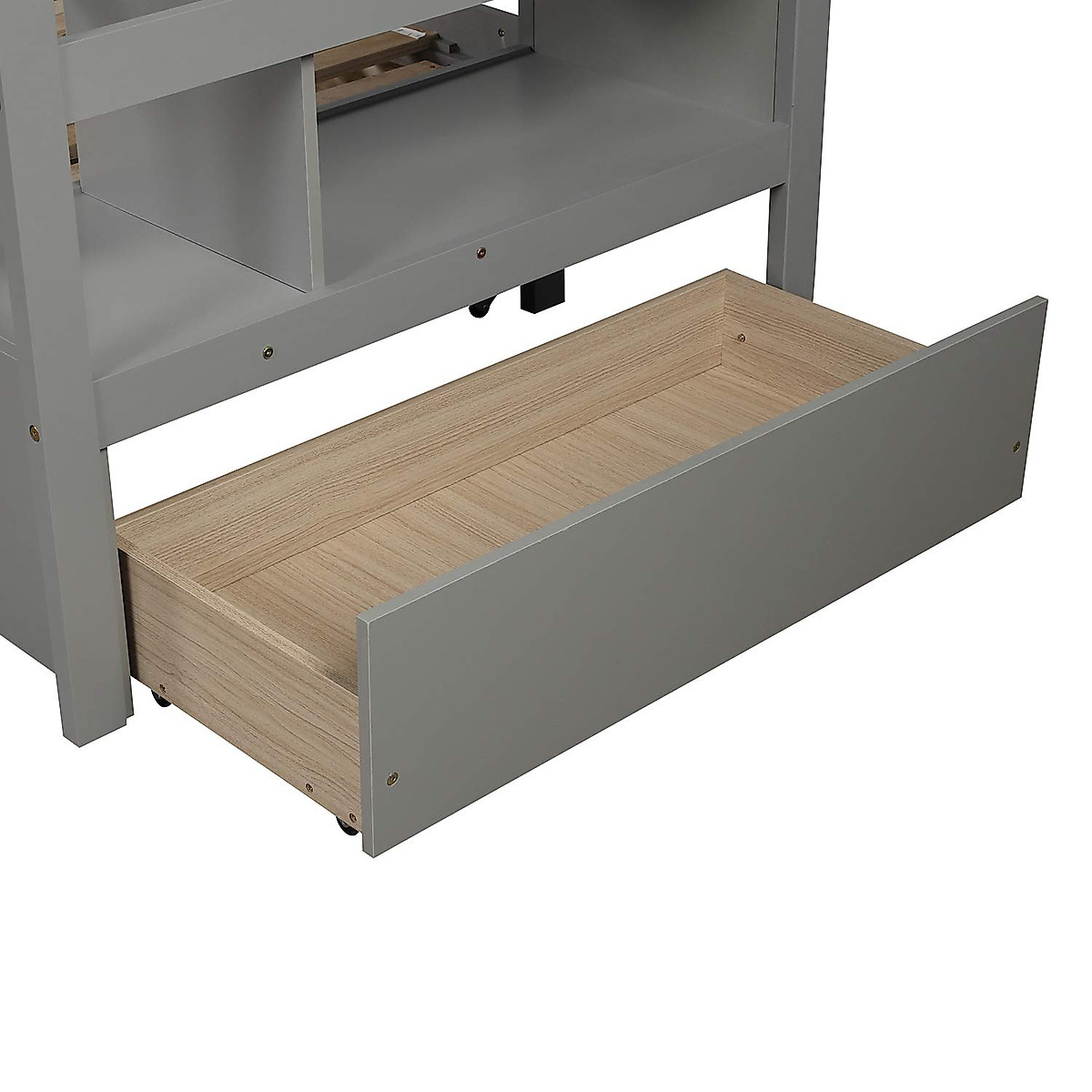 Polibi Stairway Twin Over Twin/King Bunk Bed with Size Trundle, Drawers and Guardrail, 3-in-1 Wood Trundle for Boys Girls, Grey