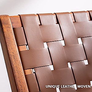 LUE BONA Folding Woven Leather Accent Chairs Set of 2, Cognac Leather Woven and Brown Wood, Midcentury Modern Lounge Chair, Scandinavian Rattan Low Chair for Living Room, Bedroom, Patio, Balcony