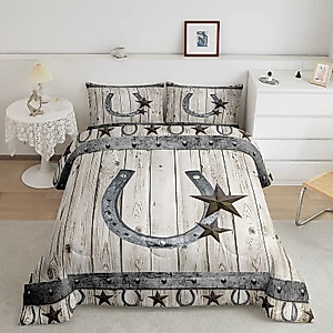 Feelyou Texas Star Comforter Set for Girls Boys Cowboy Horseshoe Comforter Rustic Wood Grain DecorBedding Set Cabin Lodge Duvet Set Queen Size 3Pcs Quilt Boys