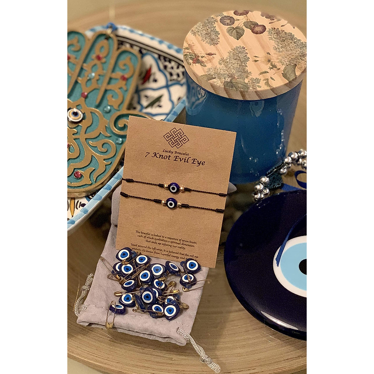 VIUJUH Evil Eye 7 Knot Bracelet with Hand Painted Evil Eye on a Hand Woven Adjustable Bracelet String Amulet for Women Men Little Boys & Girls (Black)