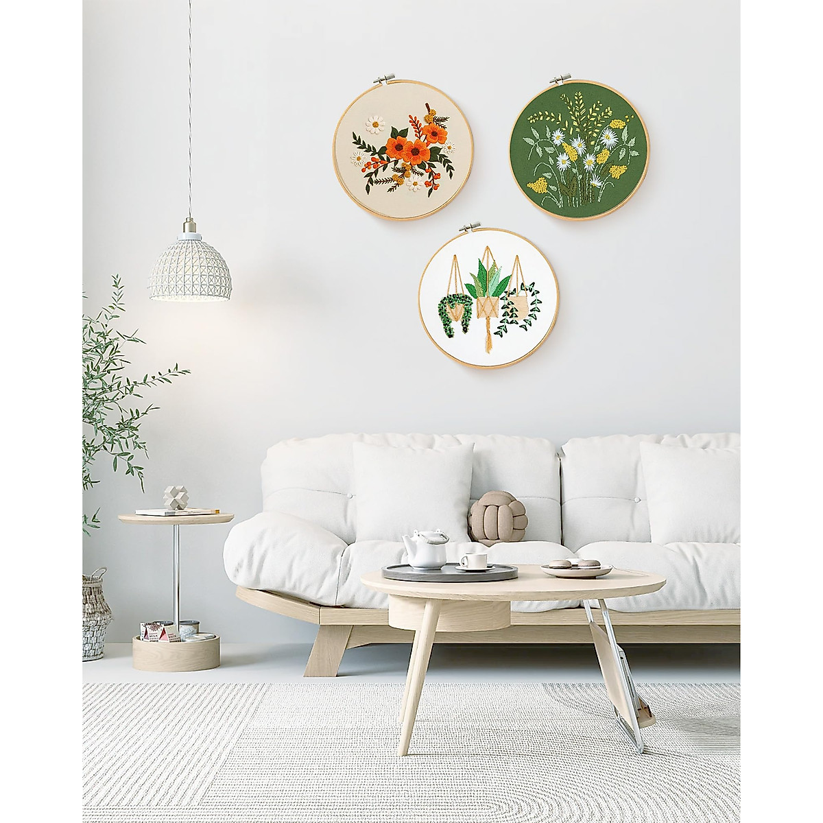 Santune 3 Sets Embroidery Starter Kit with Pattern and Instructions, Cross Stitch Set, Stamped Embroidery Kits with 3 Embroidery Clothes with Pattern, 1 Embroidery Hoops