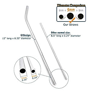 GFDesign Big Drinking Straws Reusable 12 Inches Extra Long 9mm Extra Wide SUS 304 Food-Grade 18/8 Stainless Steel - Set of 4 with 2 Cleaning Brushes - Bent