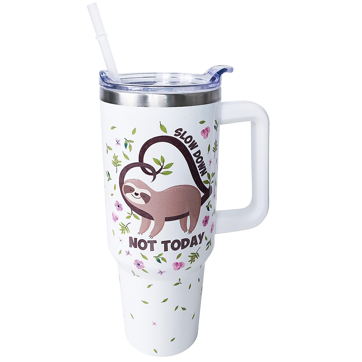 PERRIFIC Sloth Mug 30 oz Tumbler with Handle and Straw Lid Leak Proof - Sloth Coffee Travel Mug with Handle Insulated for Hot and Cold Drink Ice - Birthday Sloth Gifts for Women Stainless Steel Cup