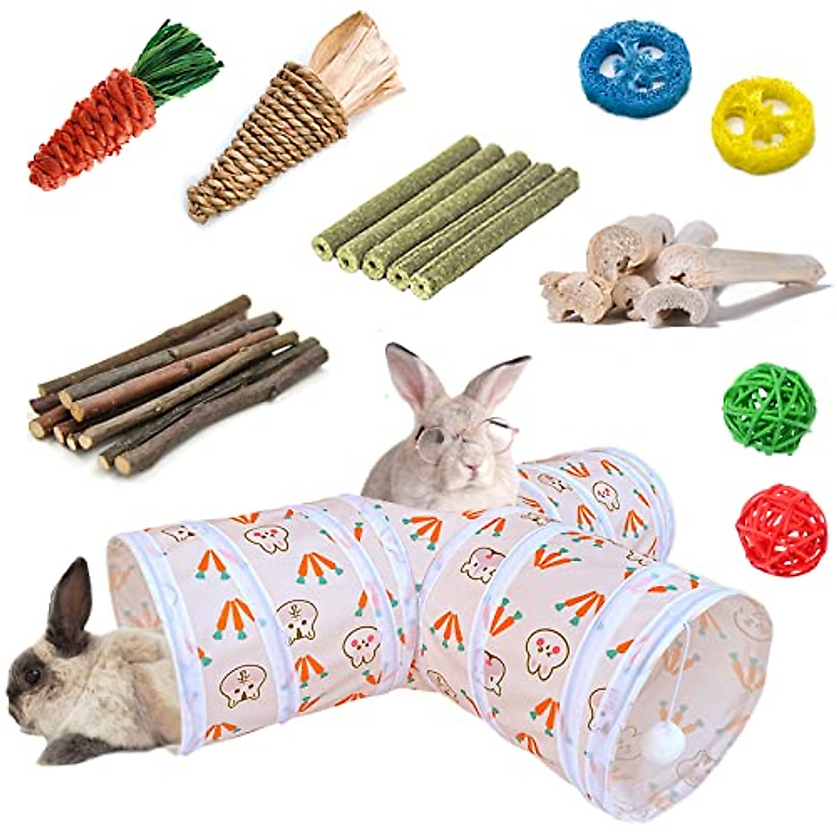 HERCOCCI Bunny Tunnels & Tubes, Collapsible 3 Way Rabbit Hideout Tunnel with Chew Toys for Rabbit Bunny Guinea Pig Ferret Kitten