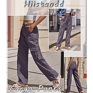 Hiistandd Women's High Waisted Cargo Pants Cotton Wide Leg Casual Pants Combat Military Work Trouser(Dark Gray,L)