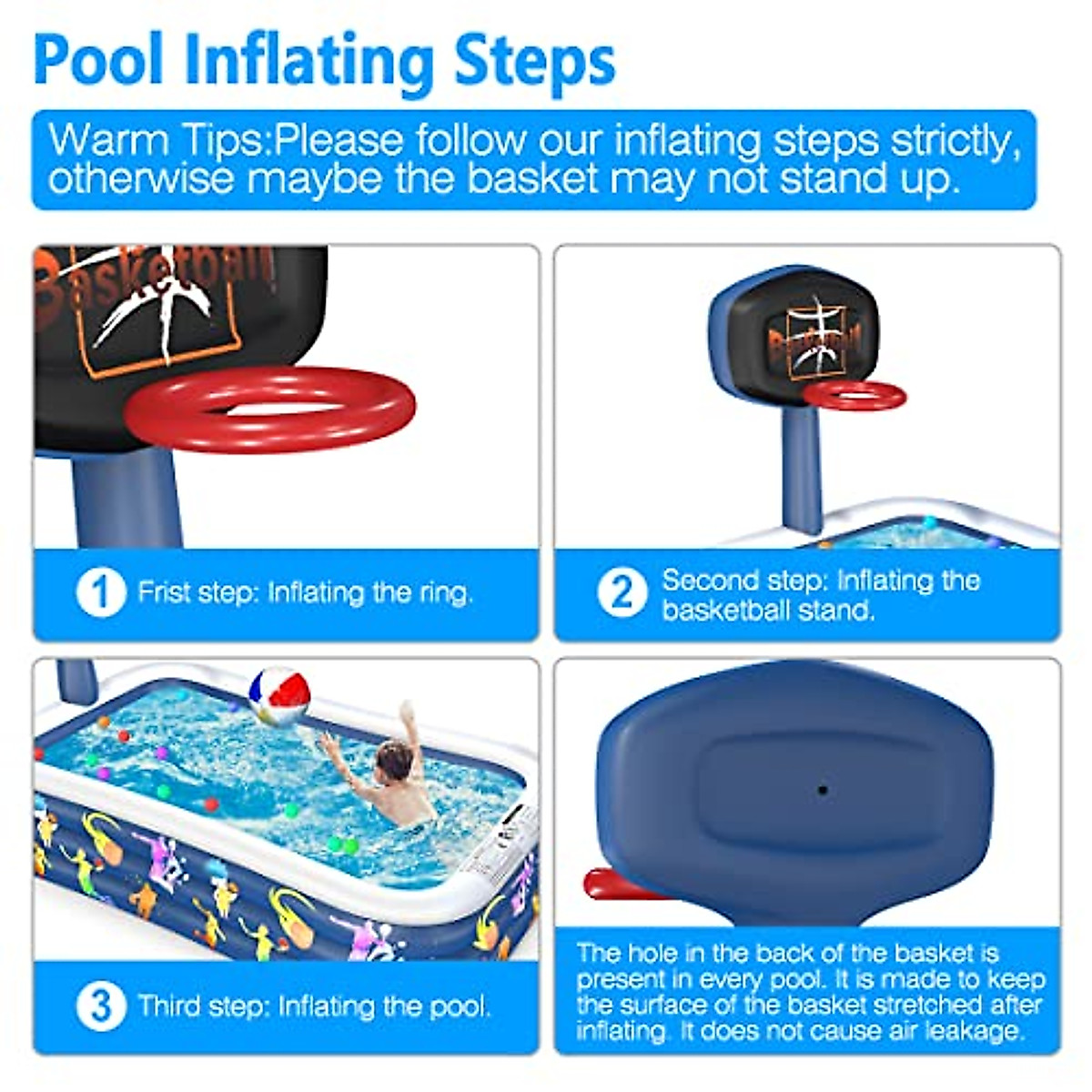 Inflatable Swimming Pool, Basketball Hook Family Full-Sized Inflatable Pools, 118" x 72" x 22" Blow Up Kiddie Pool for Kids, Adults, Babies, Toddlers, Outdoor, Garden, Backyard (Basketball Cartoon)