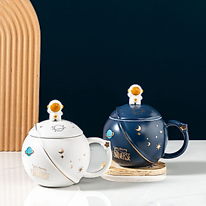 Hwagui Kawaii Astronaut Mug with Lid and Spoon, Handmade Cute Ceramic Cup for Coffee, Tea, Milk, Water, Space Mug Novelty Gift Dark Blue 450ml/15oz