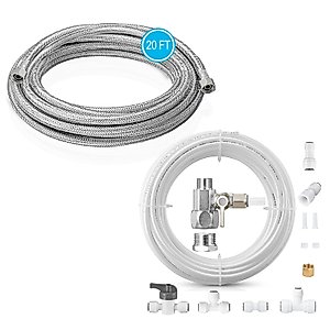 20 FT Premium Stainless Steel Braided Ice Maker Water Hose + 1/4 In O.D. 25 FT Water Tubing with Feed Water Adapter and Quick Fittings for RO Filter System,Refrigerator,Ice Maker