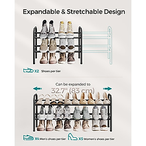 SONGMICS Expandable Shoe Rack, 2 Tier Shoe Rack Shelf, Adjustable Shoe Organizer Storage for 15 Pairs of Shoes, Metal Free Standing Shoe Racks for Closet, Front Door Entryway, Easy Assembly, Ink Black