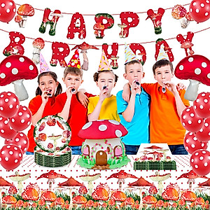 44 PCS Mushroom Birthday Party Decorations, Mushroom Party Favors Supplies Mushroom Birthday Banner Mushroom Balloons Mushroom Tablecloth Mushroom Plates and Napkins for Kids Boys Girls Baby Shower