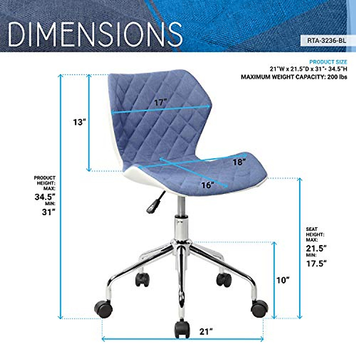 Techni Mobili Modern Height Adjustable Office Task Chair, Blue