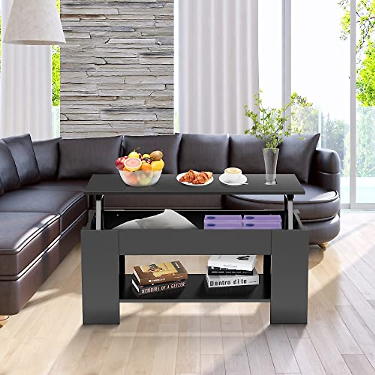 ZENY Lift Top Coffee Table with Hidden Compartment and Storage Shelves, Rising Tabletop Dining Table Modern Furniture for Home, Living Room, Reception Room Office, 38.6in L (Black)