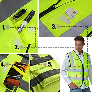 YOWESHOP High Visibility Safety Vest Custom Your Logo Protective Workwear 5 Pockets With Reflective Strips Outdoor Work Vest (Neon Yellow (L))