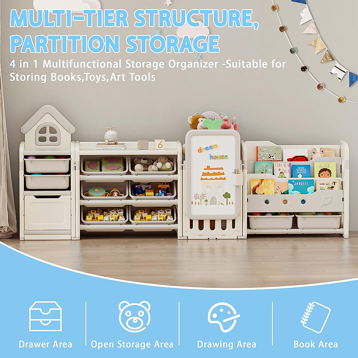 DEYGIA Foldable Kids Toy Storage Organizer with 10 Removable Bins and 3-Tier Bookshelf, 4 in 1 Multifunctional Large Toy Organizer with Drawing Board for Kids Bedroom Playroom Living Room, Off-White