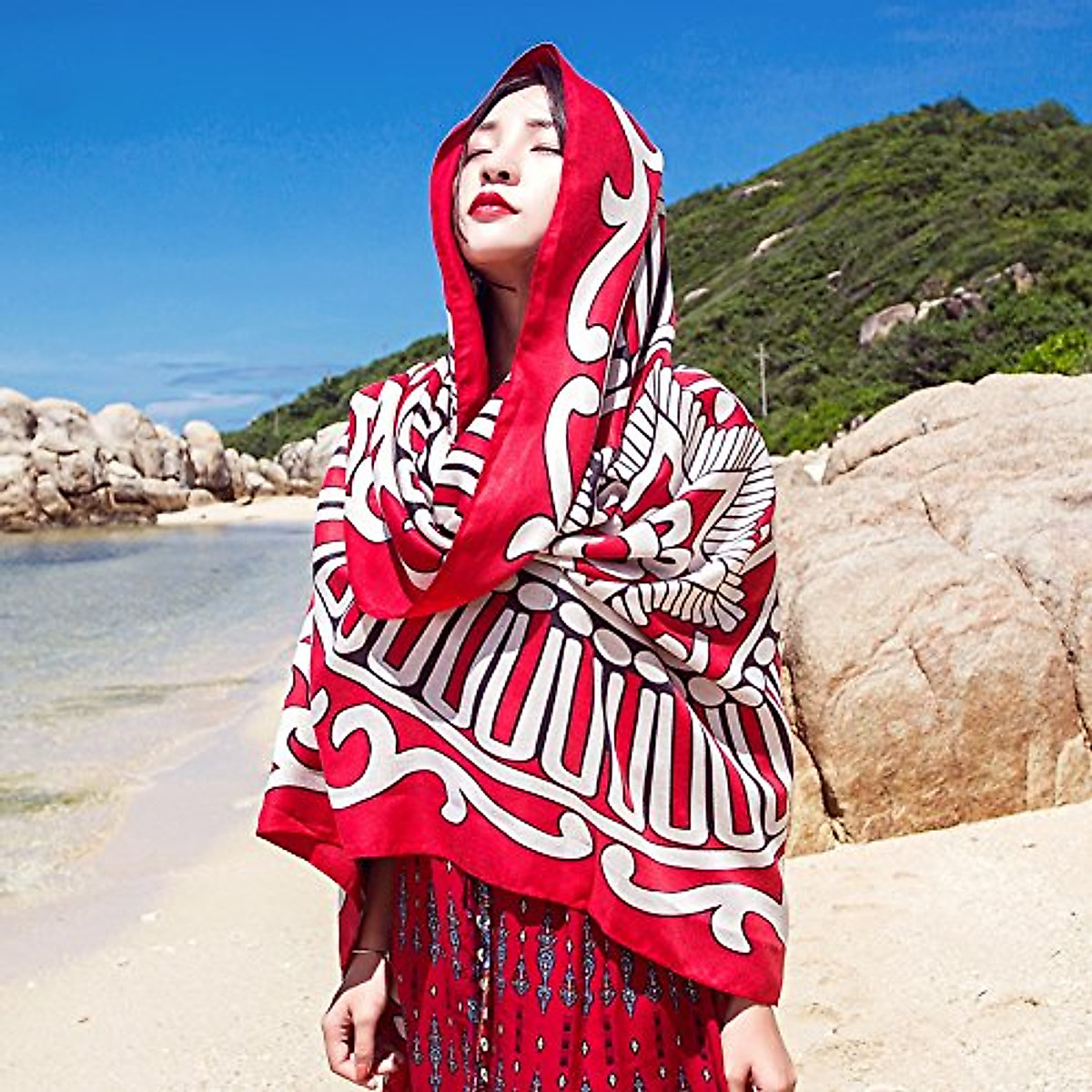 SUNBABY Women Boho Shawl Beach Towels Rectangle Polyester Scarf Travel Sarong Wrap Swimwear Cover Up Beach Mats (Red Lion)