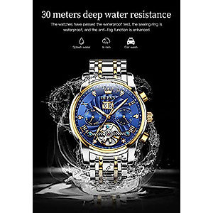 OLEVS Men Automatic Watch Skeleton 5 Hands Mechanical Blue Classic Luxury Multi Calendar Stainless Steel Waterproof Wrist for