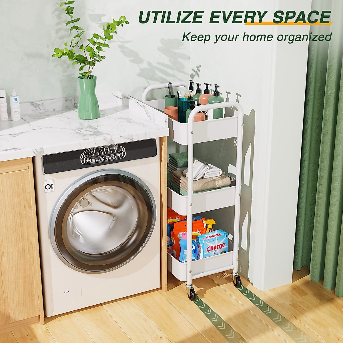 LEHOM 3 Tier Rolling Utility Cart, Metal Trolley Cart with Wheels, Hooks, Easy Assembly Organizer Storage Cart for Bathroom, Kitchen, Office, Bedroom(White)