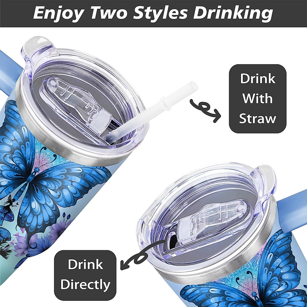 wxmbdzq 40 oz Butterfly Tumbler with Handle and Straw Lid,Leak Proof Travel Stainless Insulated Tumbler,Cup Holder Friendly,Perfect for Outdoor Travel Car and Sports